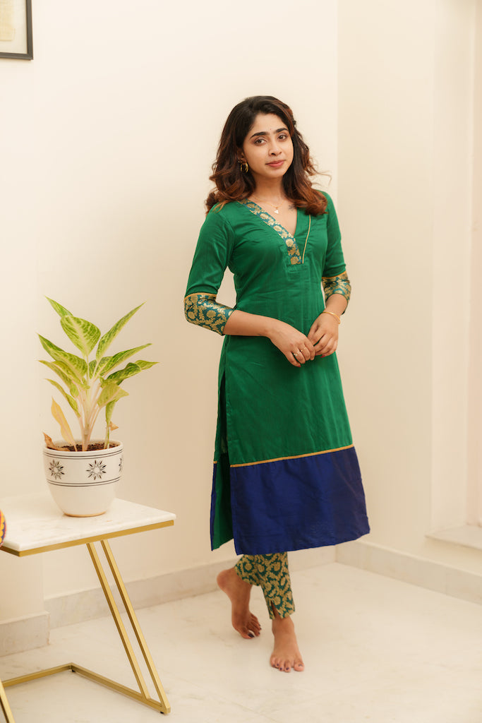 Bency Green & Blue Brocade Kurti Set – Tamara