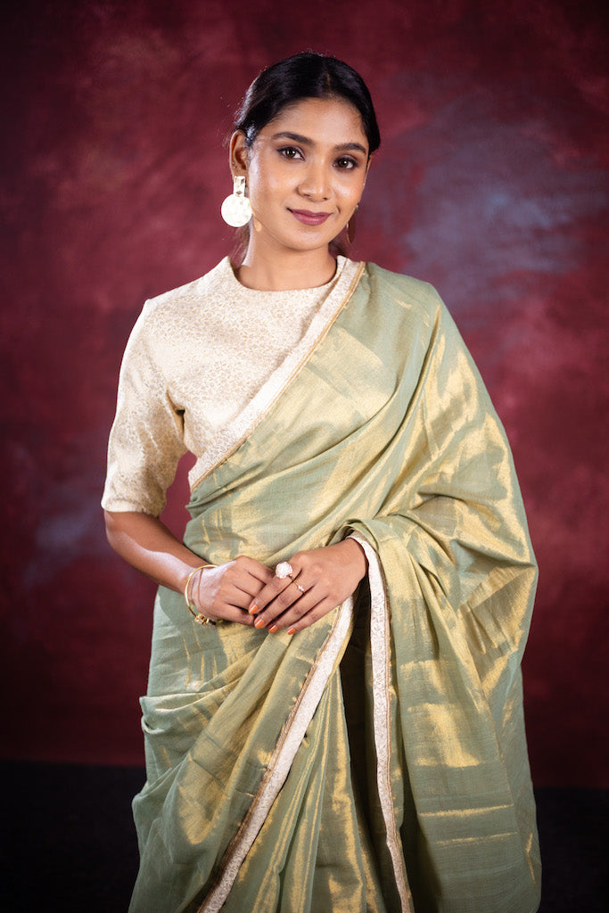 EXP - Varni Handwoven Tissue Saree - Hazel Green + Seashell Cream – Tamara