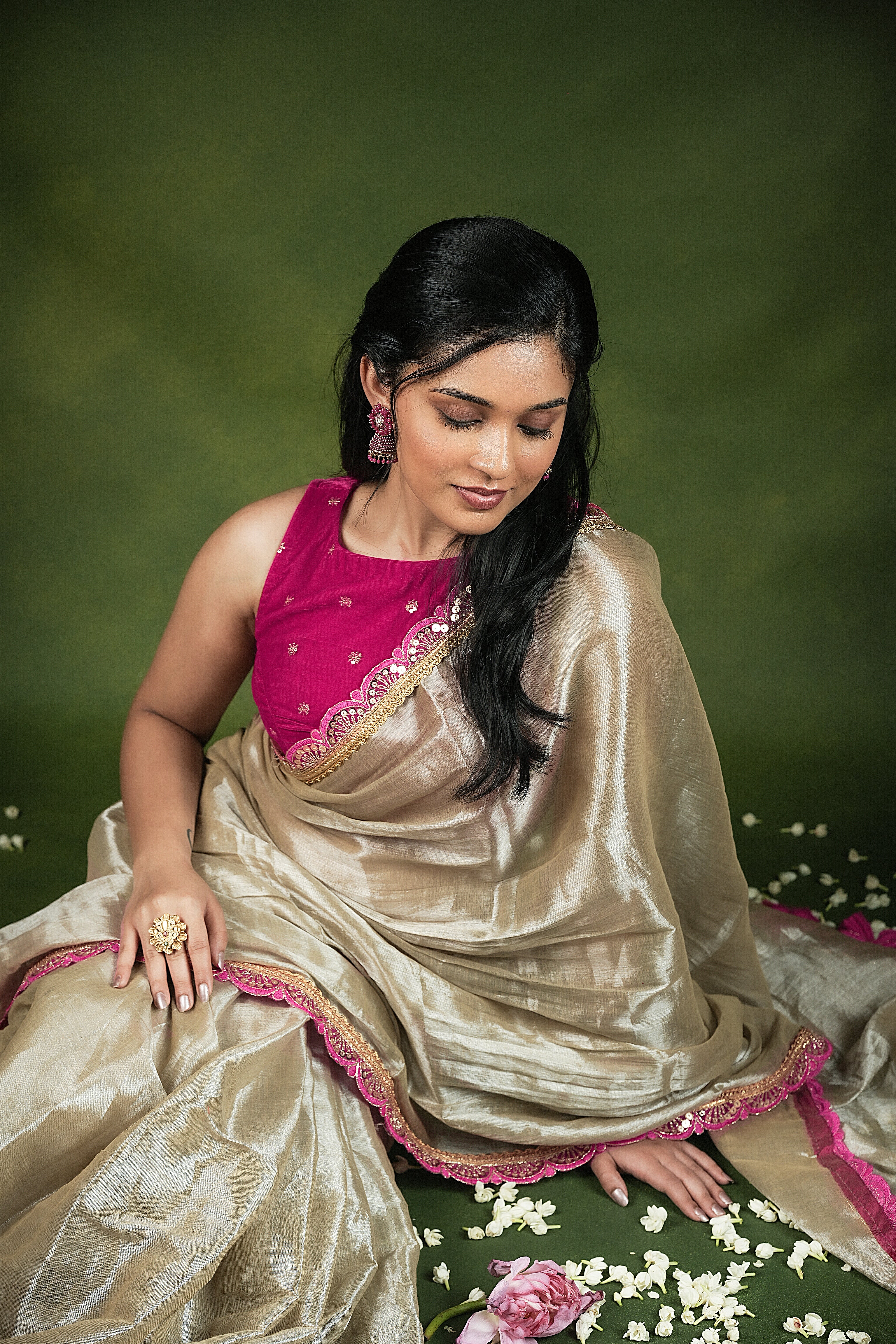 EXP - Ruhi - Handwoven Tissue Saree - Silver Cream + Persian Pink Rose ...